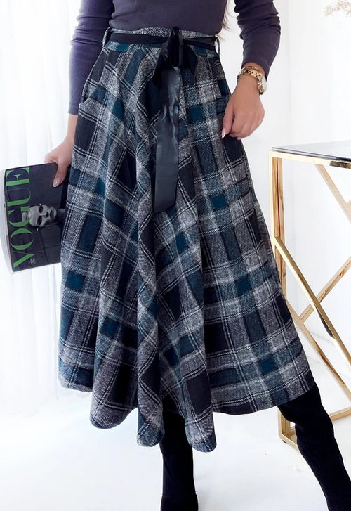 Royalfashion Жіноча сіро бірюзова довга спідниця в клітинку бірюзовий блакитно сірий